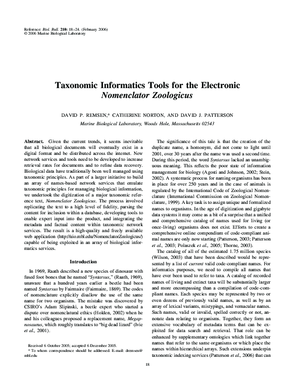 (PDF) Taxonomic Informatics Tools for the Electronic Nomenclator Zoologicus
