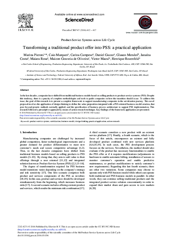 (PDF) Transforming a Traditional Product Offer into PSS: A Practical ...
