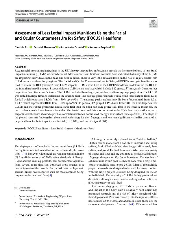 (PDF) Assessment of Less Lethal Impact Munitions Using the Facial and ...