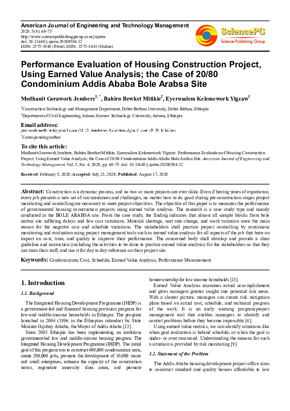 Pdf Performance Evaluation Of Housing Construction Project Using Earned Value Analysis The