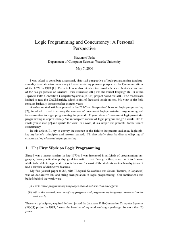 Pdf Logic Programming And Concurrency A Personal Perspective