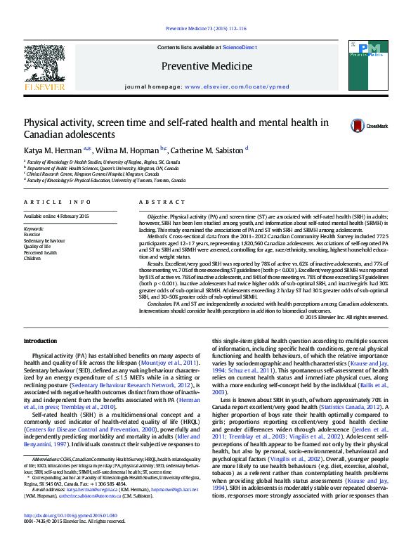 (PDF) Physical activity, screen time and self-rated health and mental health in Canadian adolescents