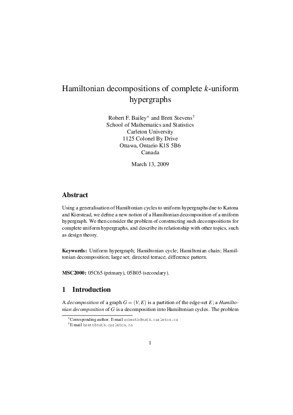 (PDF) Hamiltonian decompositions of complete -uniform hypergraphs