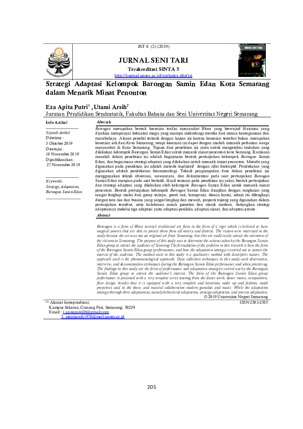 (PDF) Strategi Adaptasi Kelompok Barongan Samin Edan Kota Semarang dalam Menarik Minat Penonton