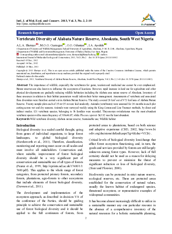 (PDF) Vertebrate Diversity of Alabata Nature Reserve, South West, Nigeria