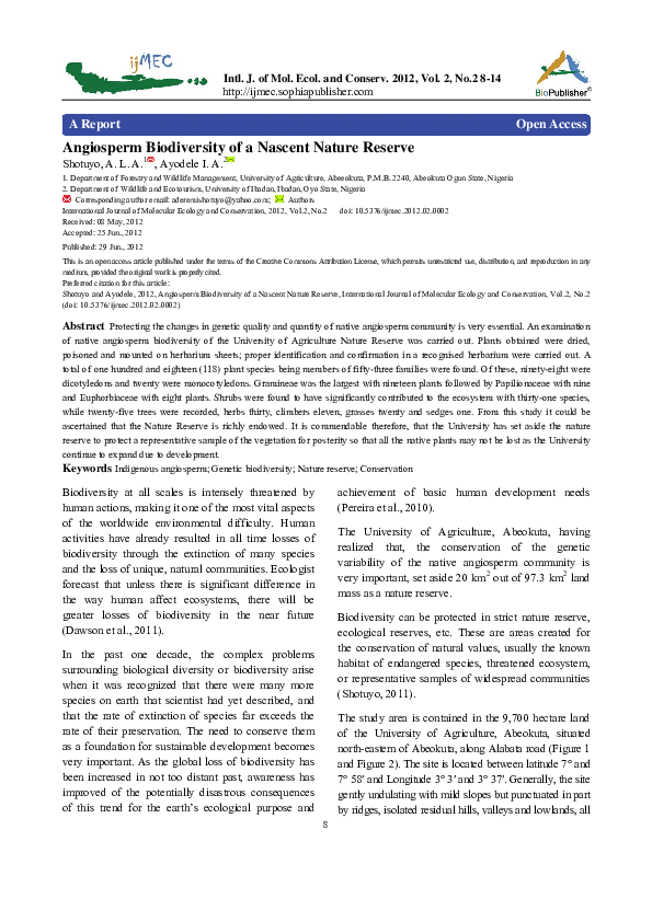 (PDF) Angiosperm Biodiversity of a Nascent Nature Reserve