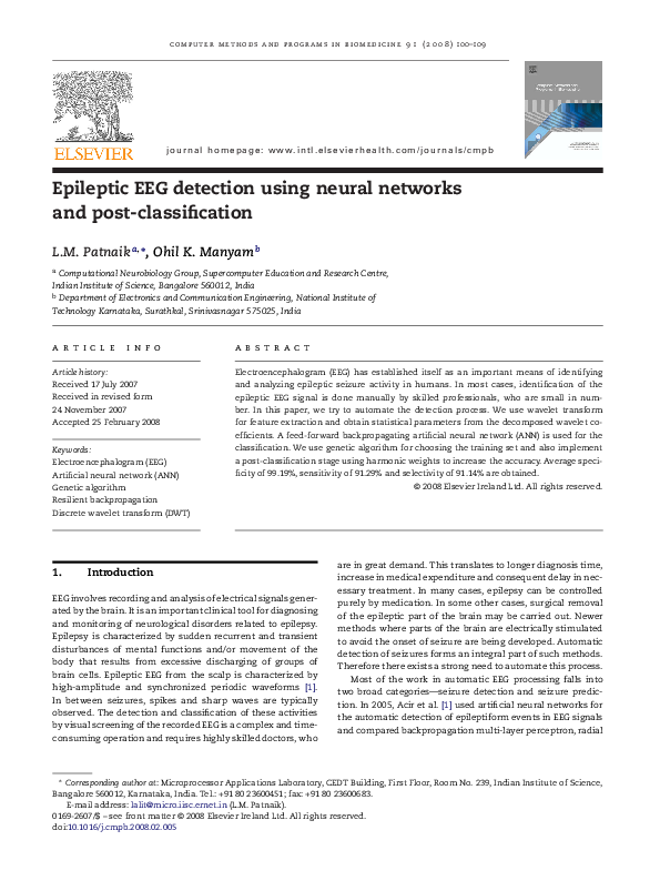 Pdf Epileptic Eeg Detection Using Neural Networks And Post Classification