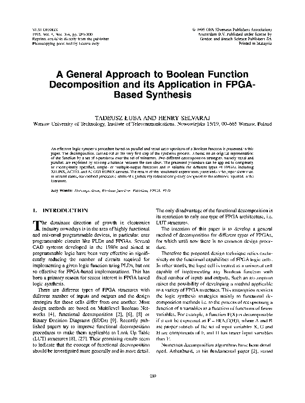 Pdf A General Approach To Boolean Function Decomposition And Its Application In Fpgabased