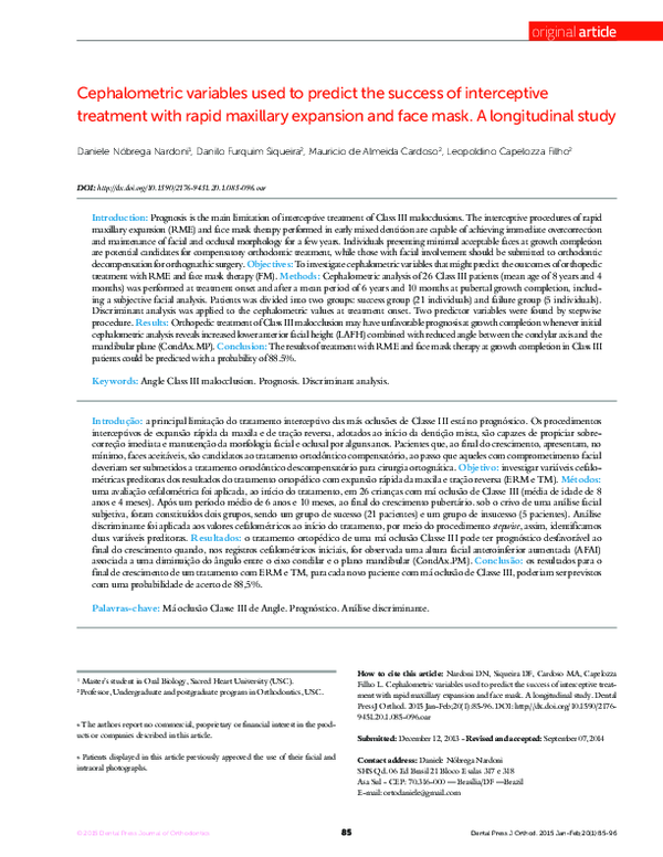 (PDF) Cephalometric variables used to predict the success of ...