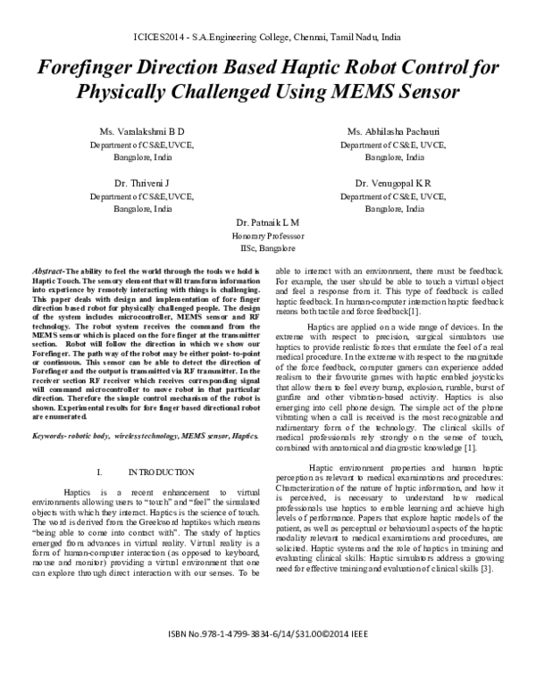 (PDF) Forefinger direction based haptic robot control for physically challenged using MEMS sensor