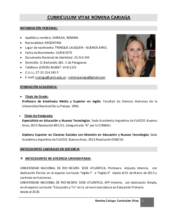 (PDF) CURRICULUM VITAE ROMINA CARIAGA