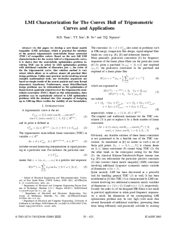Pdf Lmi Characterization For The Convex Hull Of Trigonometric Curves And Applications Hoang