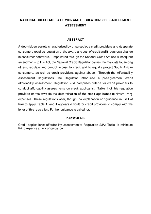 (PDF) NATIONAL CREDIT ACT 34 OF 2005 AND REGULATIONS: PRE-AGREEMENT