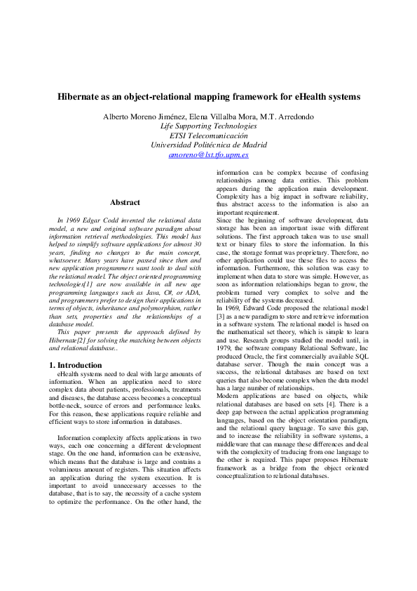 (PDF) Hibernate as an object-relational mapping framework for eHealth systems