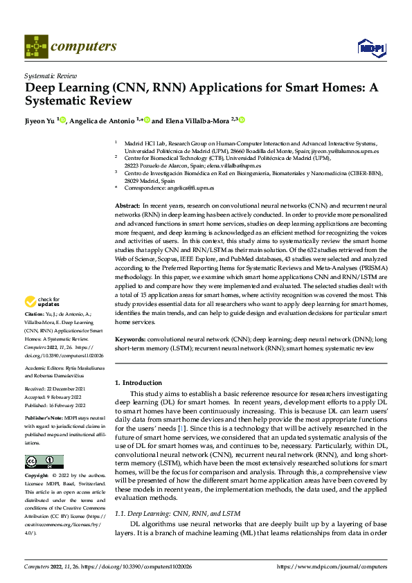 (PDF) Deep Learning (CNN, RNN) Applications for Smart Homes: A Systematic Review