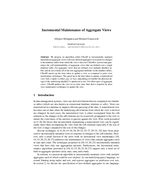 (PDF) Incremental Maintenance of Aggregate Views | Michael Genesereth - Academia.edu