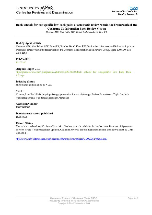 (PDF) Back Schools for Nonspecific Low Back Pain