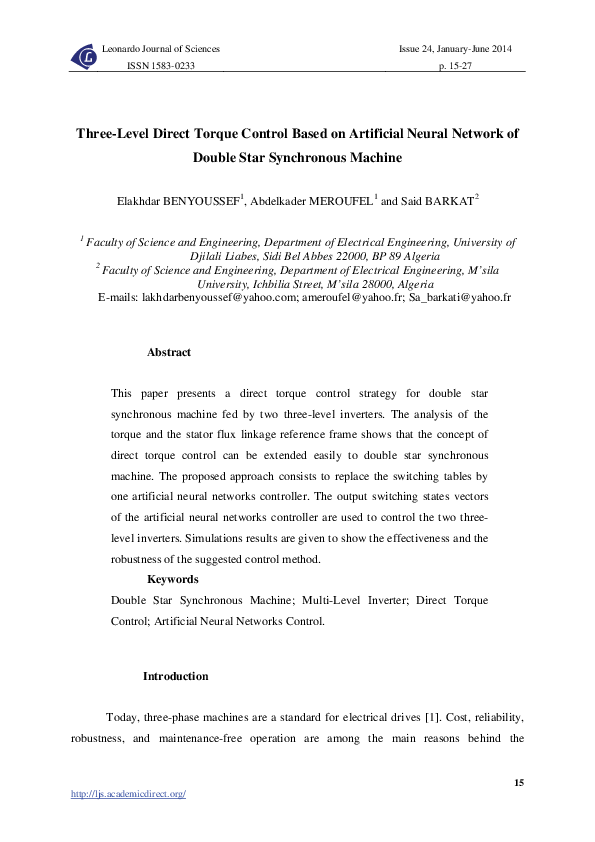 Pdf Three Level Direct Torque Control Based On Artificial Neural Network Of Double Star