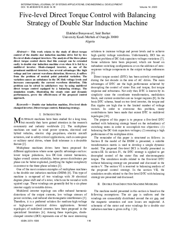 Pdf Five Level Direct Torque Control With Balancing Strategy Of Double Star Induction Machine