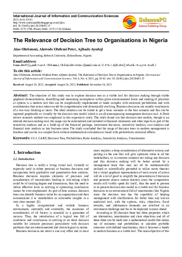 (PDF) The Relevance of Decision Tree to Organisations in Nigeria