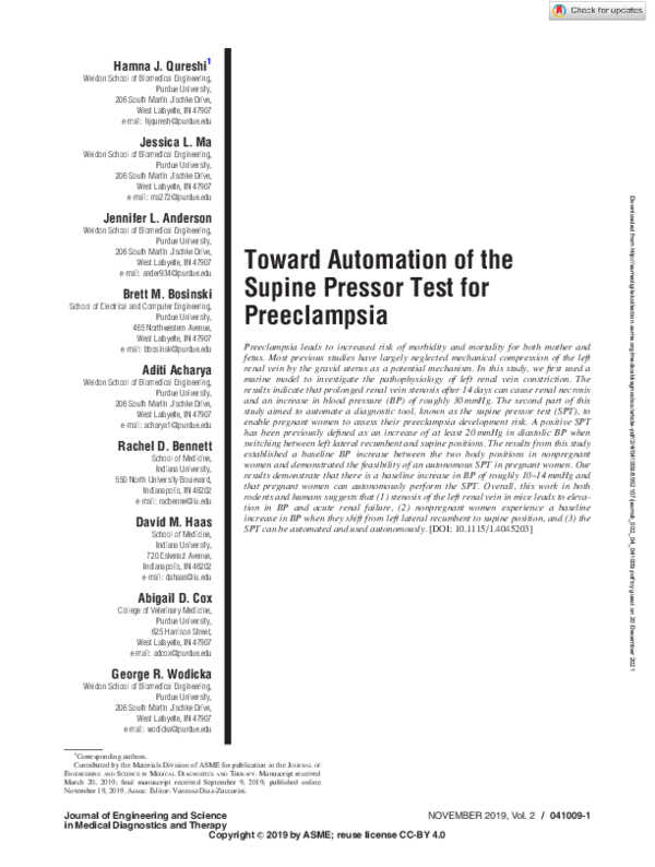 (PDF) Toward Automation of the Supine Pressor Test for Preeclampsia