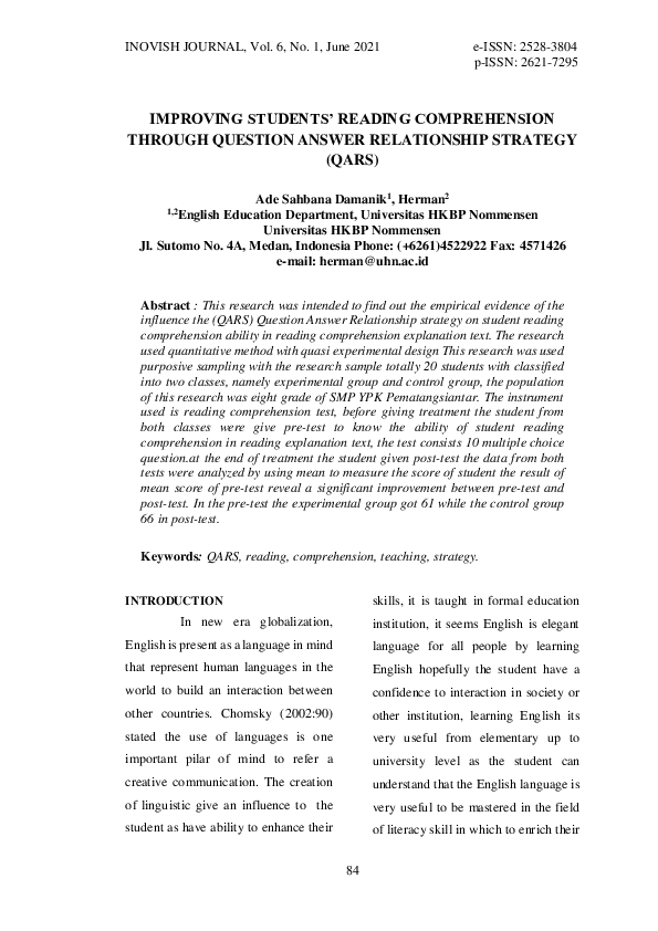 (PDF) Improving Students’ Reading Comprehension Through Question Answer Relationship Strategy (Qars)