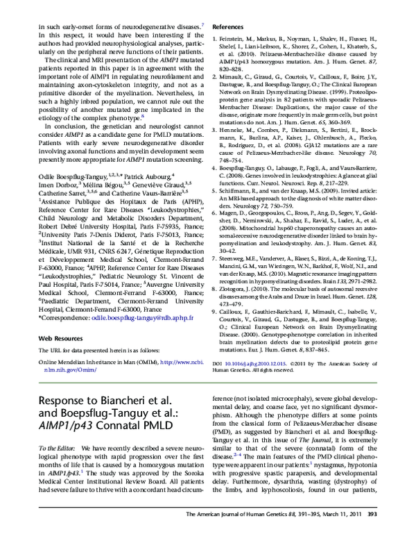 (PDF) Response to Biancheri et al. and Boepsflug-Tanguy et al.: AIMP1/p43 Connatal PMLD | Zamir ...