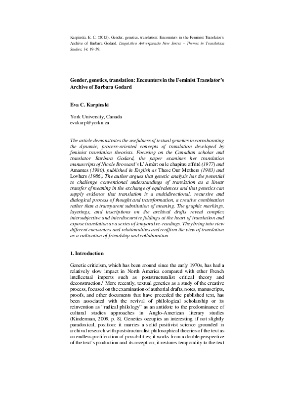 (PDF) Gender, genetics, translation: Encounters in the Feminist ...
