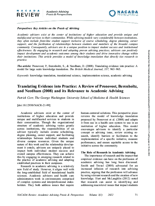 (PDF) Translating Evidence into Practice: A Review of Pronovost, Berenholtz, and Needham (2008 ...