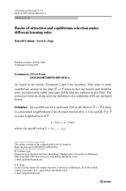 (PDF) Basins of attraction and equilibrium selection under different learning rules