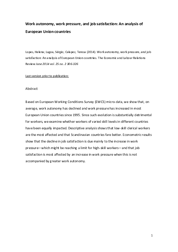 (PDF) Work autonomy, work pressure, and job satisfaction: An analysis of European Union countries