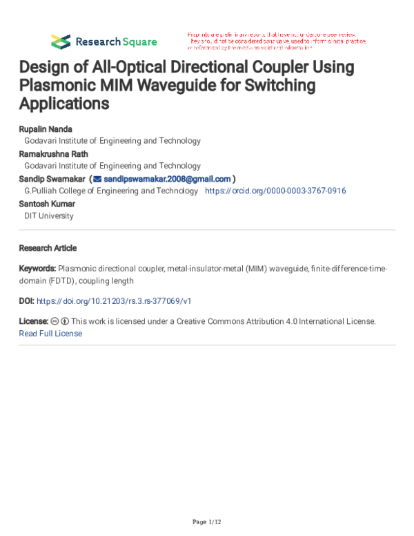 (PDF) Design of All-Optical Directional Coupler Using Plasmonic MIM Waveguide for Switching ...
