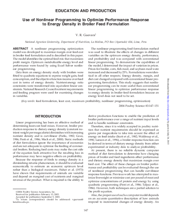 Pdf Use Of Nonlinear Programming To Optimize Performance Response To Energy Density In Broiler