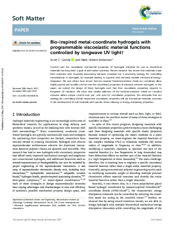 Pdf Bio Inspired Metal Coordinate Hydrogels With Programmable Viscoelastic Material Functions 