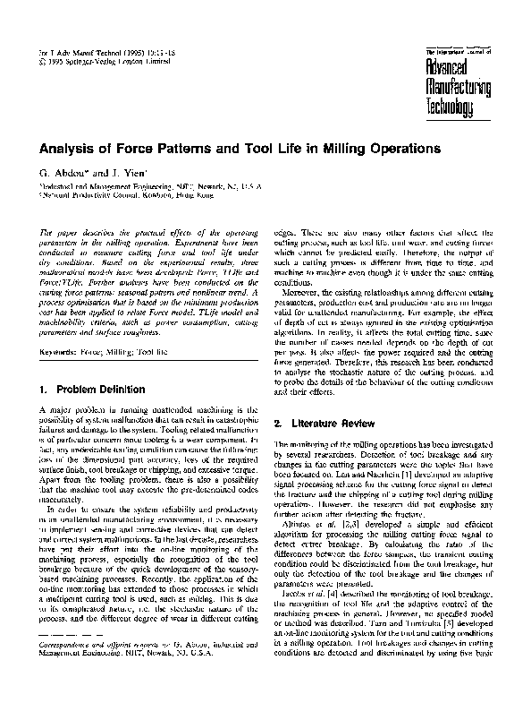 (PDF) Analysis of force patterns and tool life in milling operations