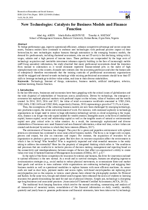 (PDF) New Technologies: Catalysts for Business Models and Finance Function