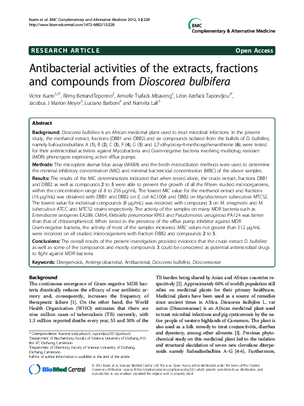 (PDF) Antibacterial activities of the extracts, fractions and compounds from Dioscorea bulbifera
