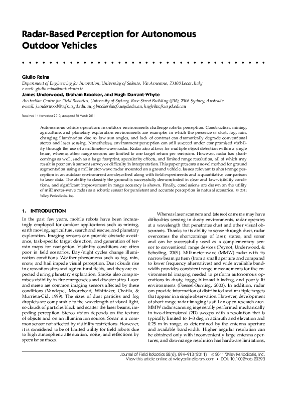 Pdf Radar Based Perception For Autonomous Outdoor Vehicles