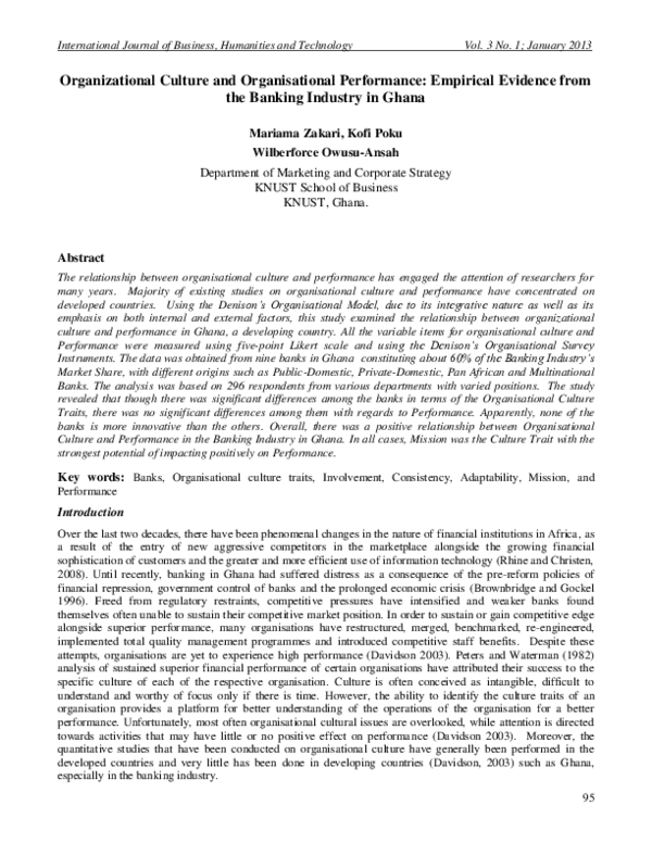 (PDF) Organizational Culture and Organisational Performance: Empirical Evidence from the Banking ...
