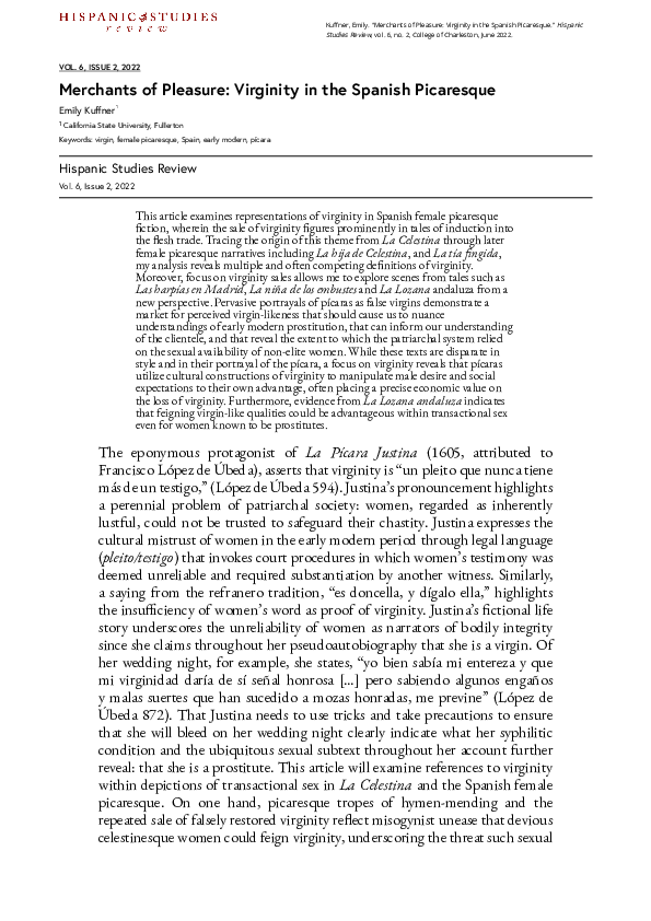 (PDF) Merchants of Pleasure: Virginity in the Spanish Picaresque