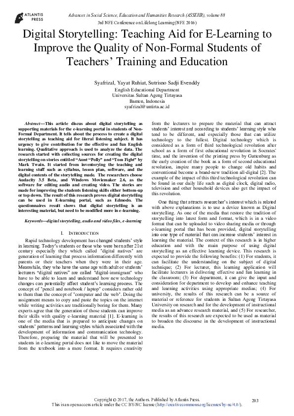 (PDF) Digital Storytelling: Teaching Aid for E-Learning to Improve the Quality of NonFormal ...