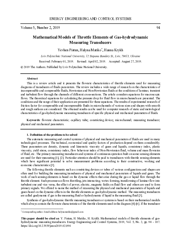 (PDF) Mathematical Models of Throttle Elements of Gas-hydrodynamic Measuring Transducers