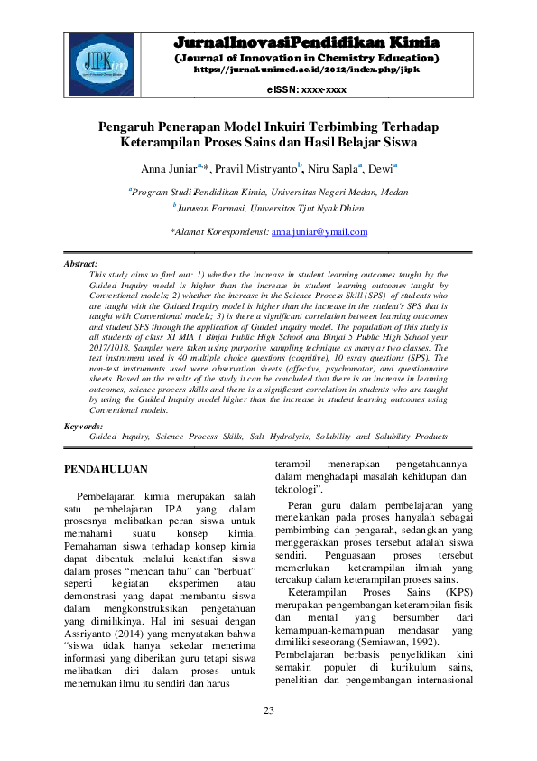 (PDF) Pengaruh Penerapan Model Inkuiri Terbimbing Terhadap Keterampilan Proses Sains dan Hasil ...