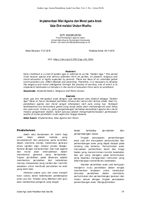 (PDF) Implementasi Nilai Agama dan Moral pada Anak Usia Dini melalui Urutan Wudhu | siti ...