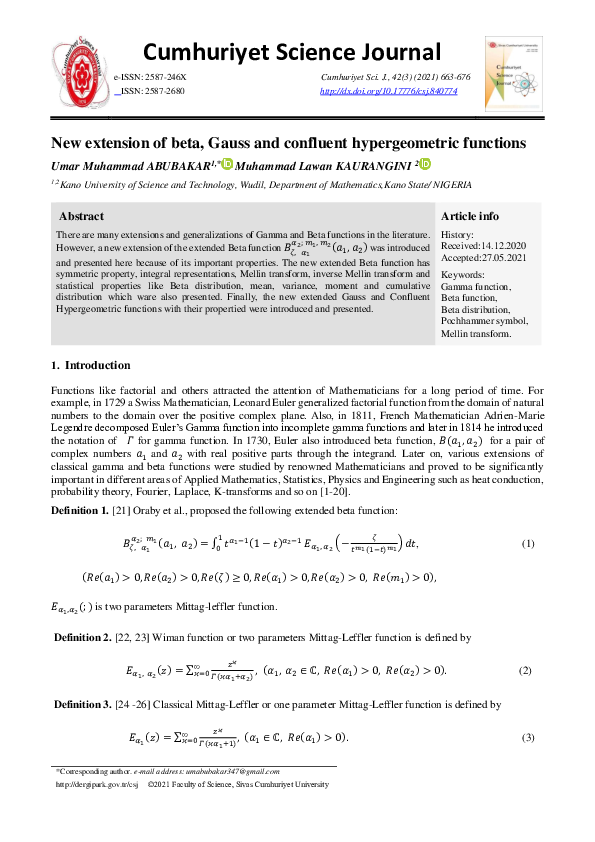 (PDF) New extension of beta, Gauss and confluent hypergeometric functions