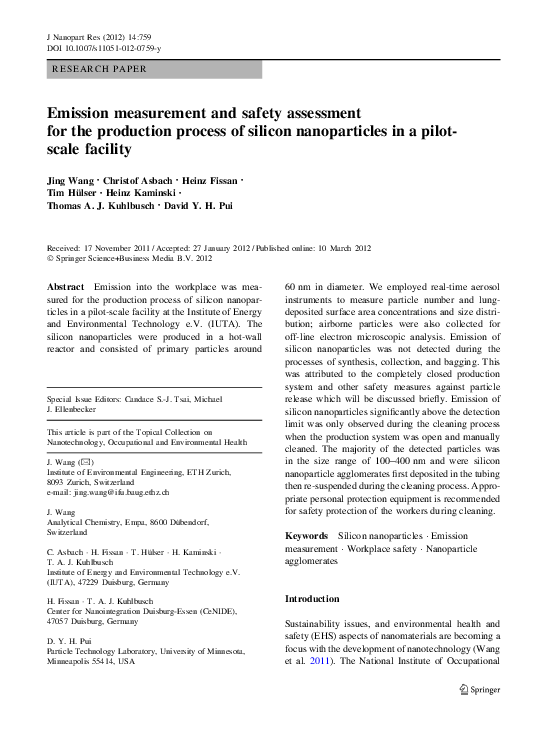 (PDF) Emission measurement and safety assessment for the production process of silicon ...