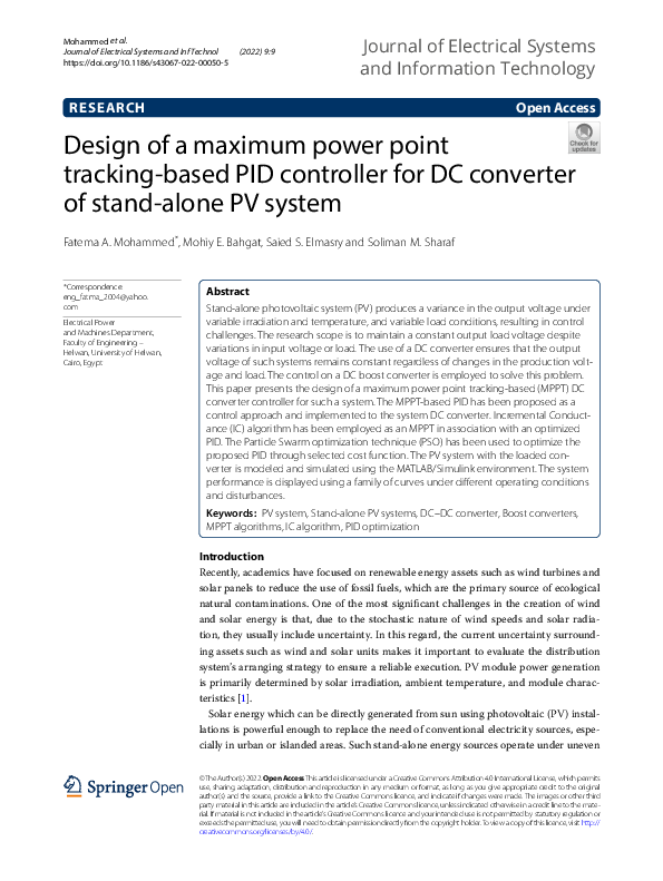 Pdf Design Of A Maximum Power Point Tracking Based Pid Controller For Dc Converter Of Stand 