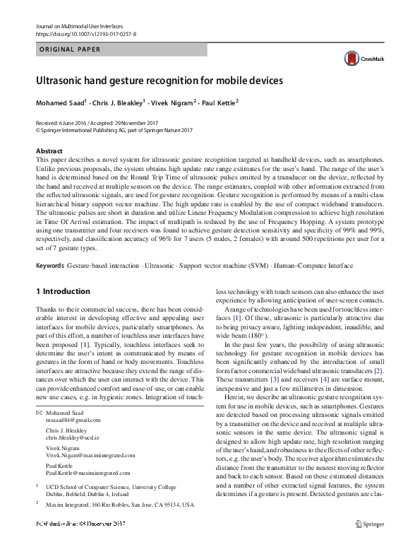 (PDF) Ultrasonic hand gesture recognition for mobile devices