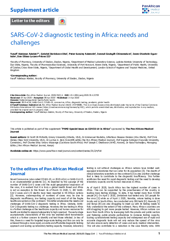 (PDF) SARS-CoV-2 diagnostic testing in Africa: needs and challenges ...