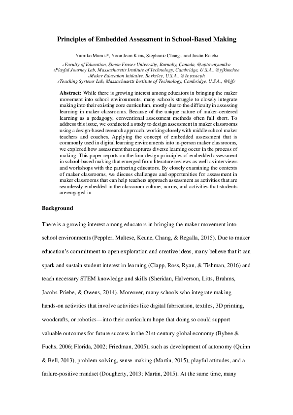 (PDF) Principles of Embedded Assessment in School-Based Making